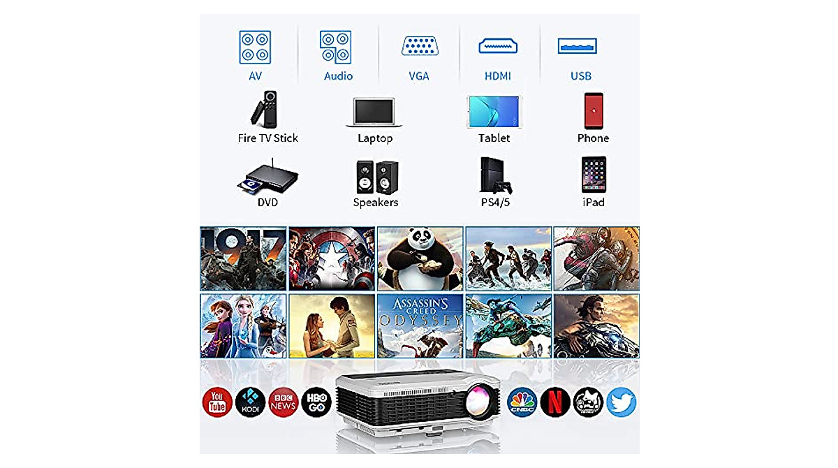 Smart Projector with Bluetooth WiFi - 8000 Lumens Home Theater