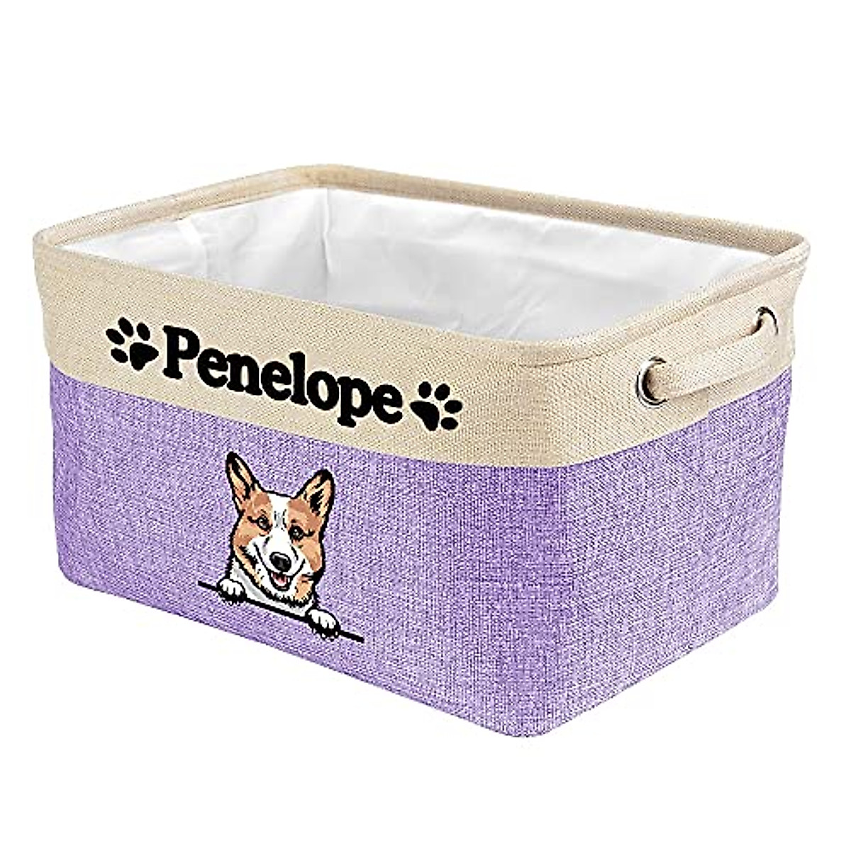 MALIHONG Personalized Foldable Storage Basket with Cute Dog Pembroke Welsh Corgi Collapsible Sturdy Fabric Pet Toys Storage Bin Cube with Handles for Organizing Shelf Home Closet, Purple and White