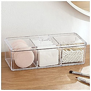 Square Qtip Holder Dispenser, 3 Compartments Cotton Ball Holder, Bathroom Canisters for Cotton Swab, Ball, Cotton Pad Organizer, Clear Acrylic Containers with Lid for Bathroom Vanity Countertop