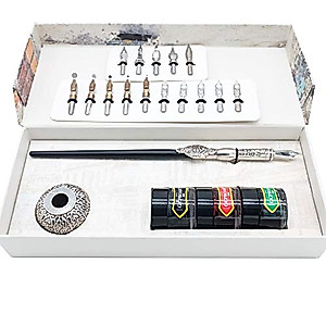 GC QUILL Calligraphy Pen Set, Wooden Dip Pen with 16 Dip Nibs, 3 Ink Bottles and 1 Pen Holder, Calligraphy Set for Beginners - MU-04