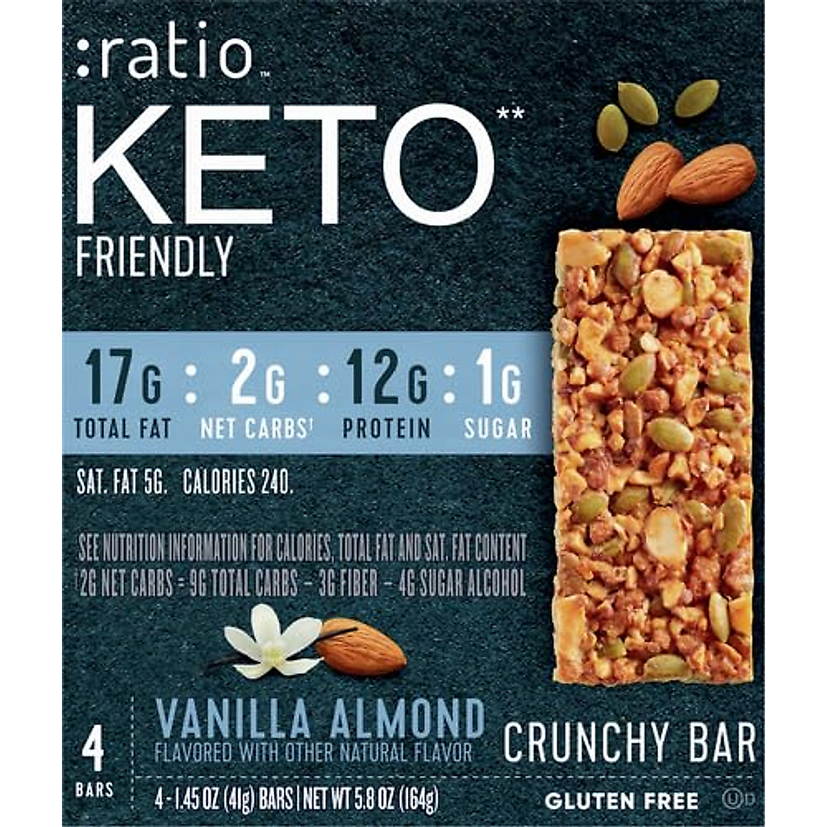 :ratio KETO Friendly Crunchy Bars, Vanilla Almond, Gluten Free Snack, 4 ct