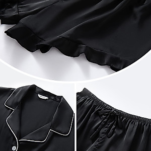 SAPJON Satin Silk Pajamas for Women 2Pcs Ruffle Notch Collar Sleepwear Button Down Short Sleeve Shorts Pjs Set Loungewear Black