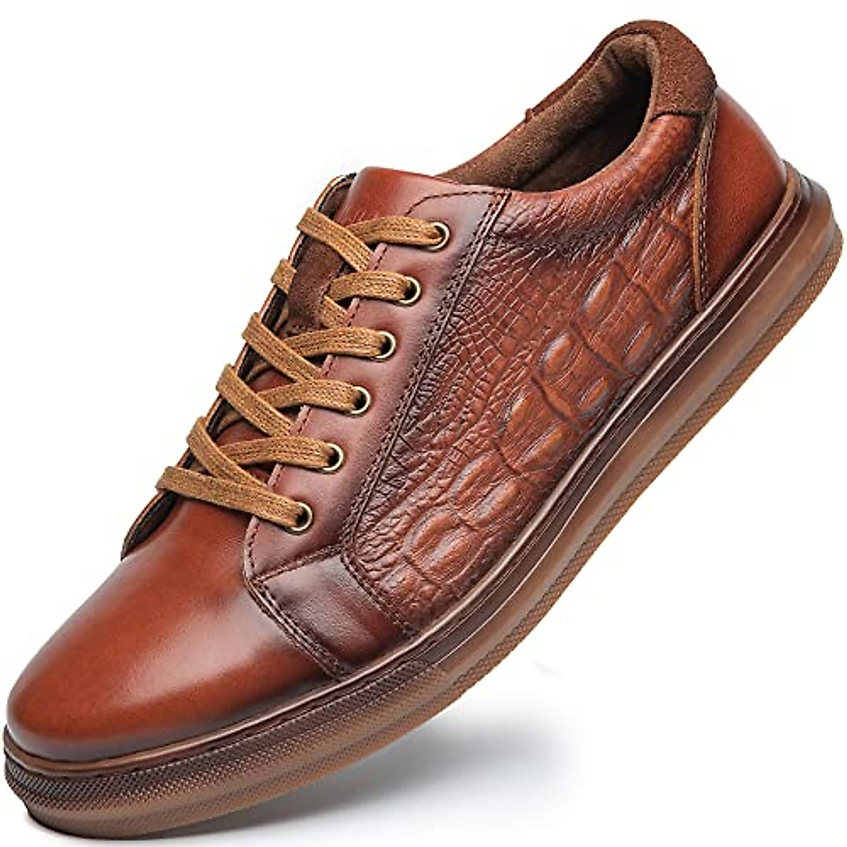 Arkbird Men's Fashion Casual Sneaker Shoes - Embossed Yellow Brown Leather Comfortable Daily Walking Shoe for Men