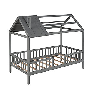 Bellemave Twin House Bed Kids Montessori Beds Playhouse Bed Tent Bed, Solid Wood Platform Bed Frame with Fence and Roof for Kids Teens Girls Boys (Gray), Gray (Roof)