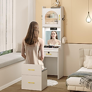 Small Vanity Desk with Mirror and Lights, Makeup Vanity Table with Drawers for Small Space, Compact Mini Corner Vanity Set Dressing Table - Charging Station & Human Motion Sensing for Bedroom (White)