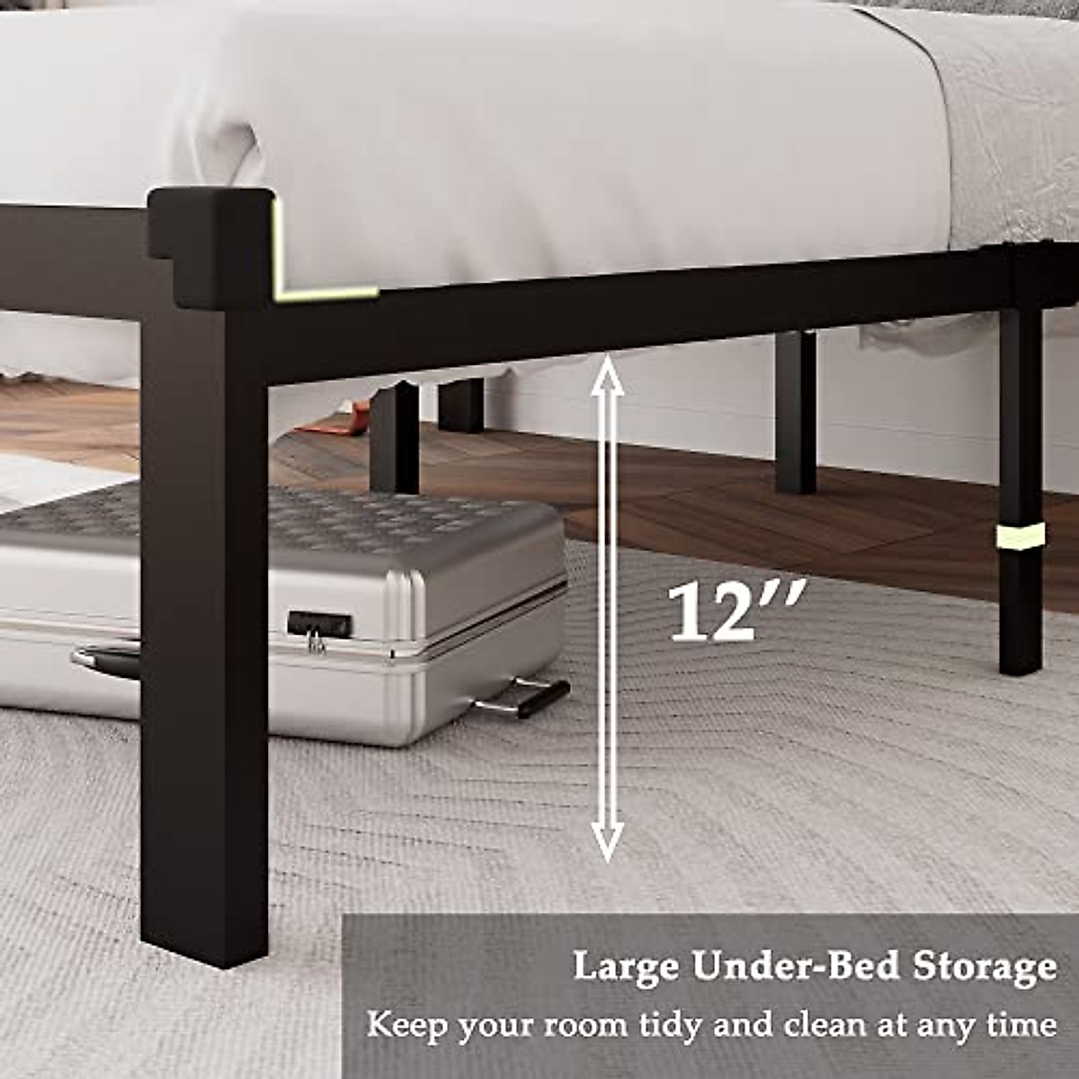 Feonase Queen Size Metal Bed Frame with Faux Leather Button Tufted Headboard, Heavy-Duty Platform Bed Frame with 12" Storage, Steel Slats Support, No Box Spring Needed, Noise Free, Black