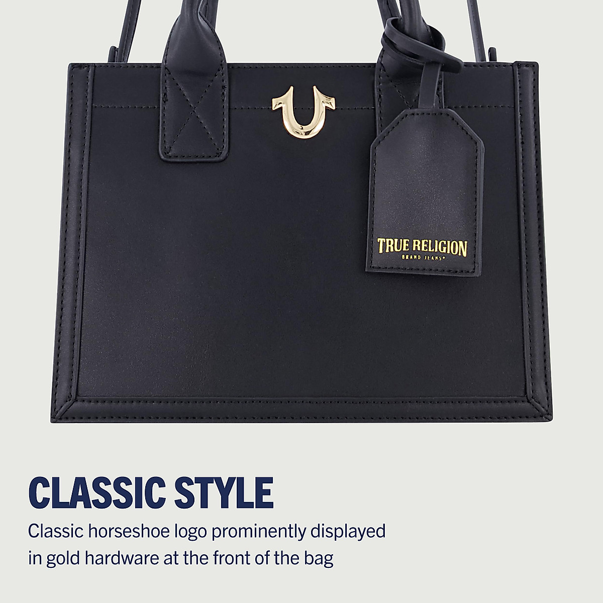 True Religion Tote, Women's Medium Travel Bag with Adjustable Strap and Horseshoe Logo, Black