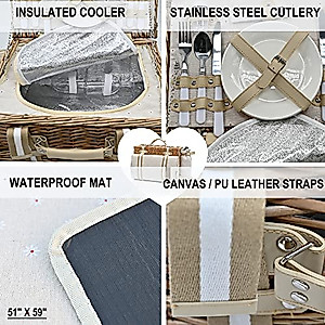 19Pcs Picnic Basket for 2 with Insulated Liner and Waterproof Picnic Blanket Wine Pouch, Large Wicker Picnic Hamper for Camping,Outdoor,Valentine Day,Thanks Giving,Birthday Christmas for Couples