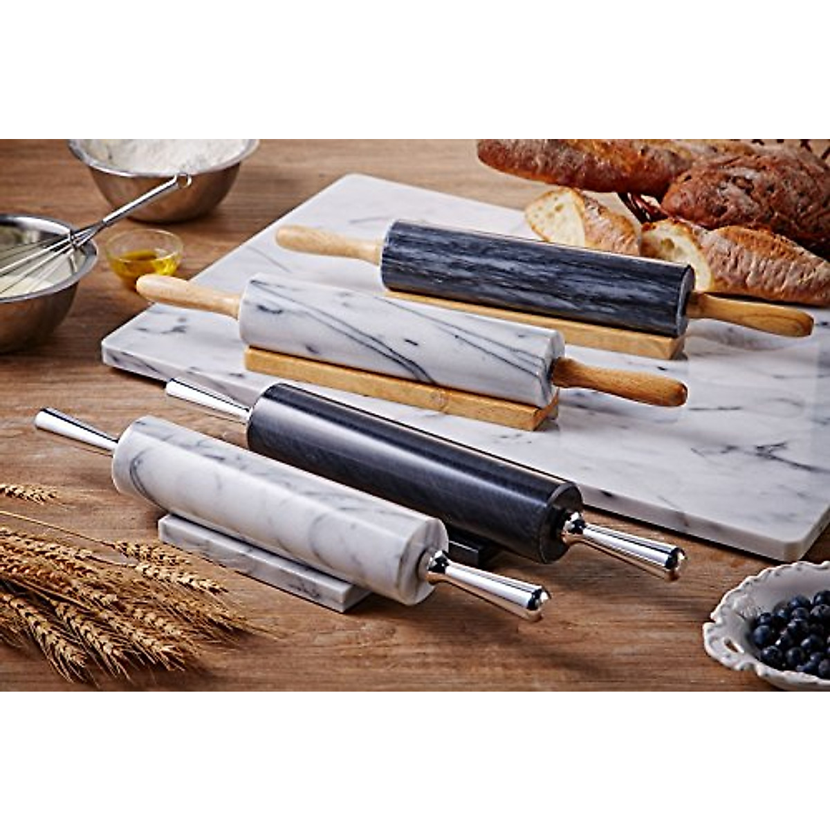 JEmarble Rolling Pin-Wooden Handles(White)(Premium Quality)Polished Surface 18-inch(10"Barrel) Genuine Stone Non-stick Save Effort Easy to Clean