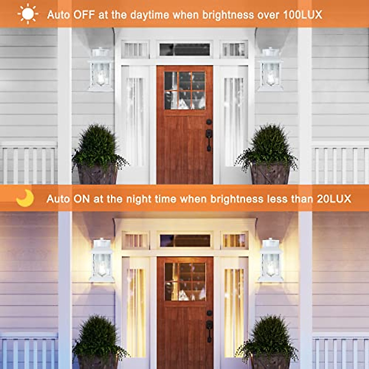 Dusk to Dawn White Outdoor Porch Lights with 2 GFCI Outlets, Waterproof Wall Lights Mount for House, Aluminum Anti-Rust Exterior Light Fixture, Wall Sconce, Wall Lamp, Wall Lantern for Balcony, Garage