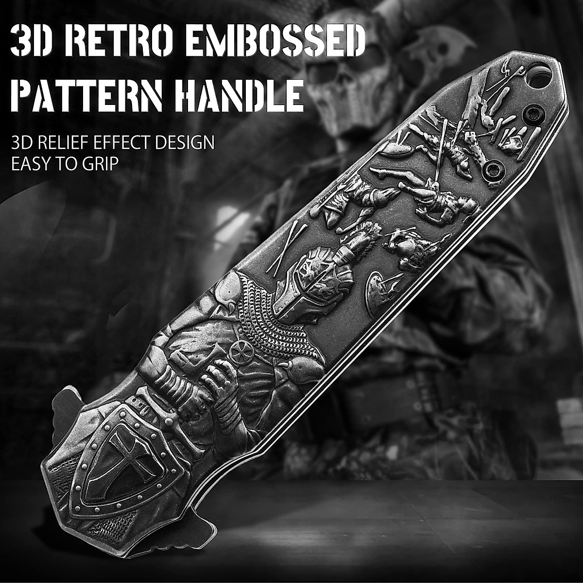 VALHALLA Pocket Folding Knife, Survival Knife With 3D Crusader Relief, Great Gift Edc Pocket Knife For Men Collector Outdoor Camping Hiking Hunting Knife