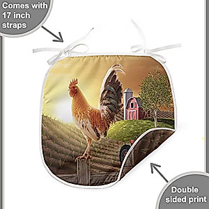 Lunarable Country Chair Pad Set of 6, Farm Barn Yard Image Rooster Animal Early Bird Nature and Rising Sun Print, Water Resistant Pillow with Ties Dining Room Kitchen, 15" x 15", Pale Brown Red