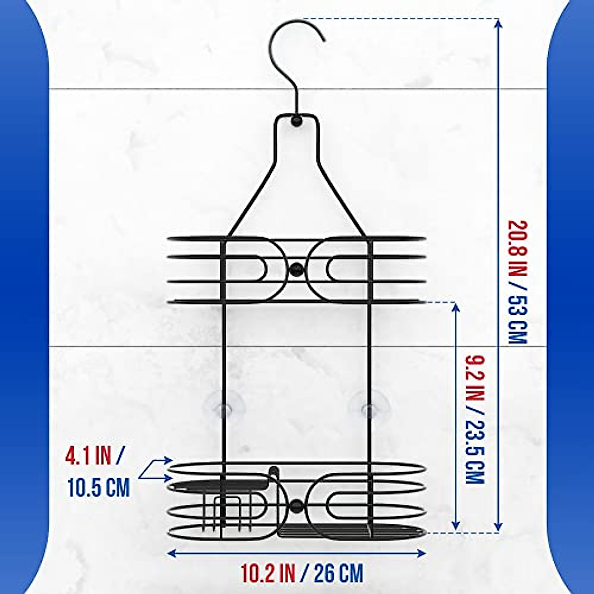 SKATCO Hanging Shower Caddy - 2-Tier Rust-Resistant Stainless Steel Shelves Chrome Rack Organizer Bathroom Basket Storage Holds Shampoo, Conditioner, Soap, Bath Sponge, Razors, Washcloths - BLACK