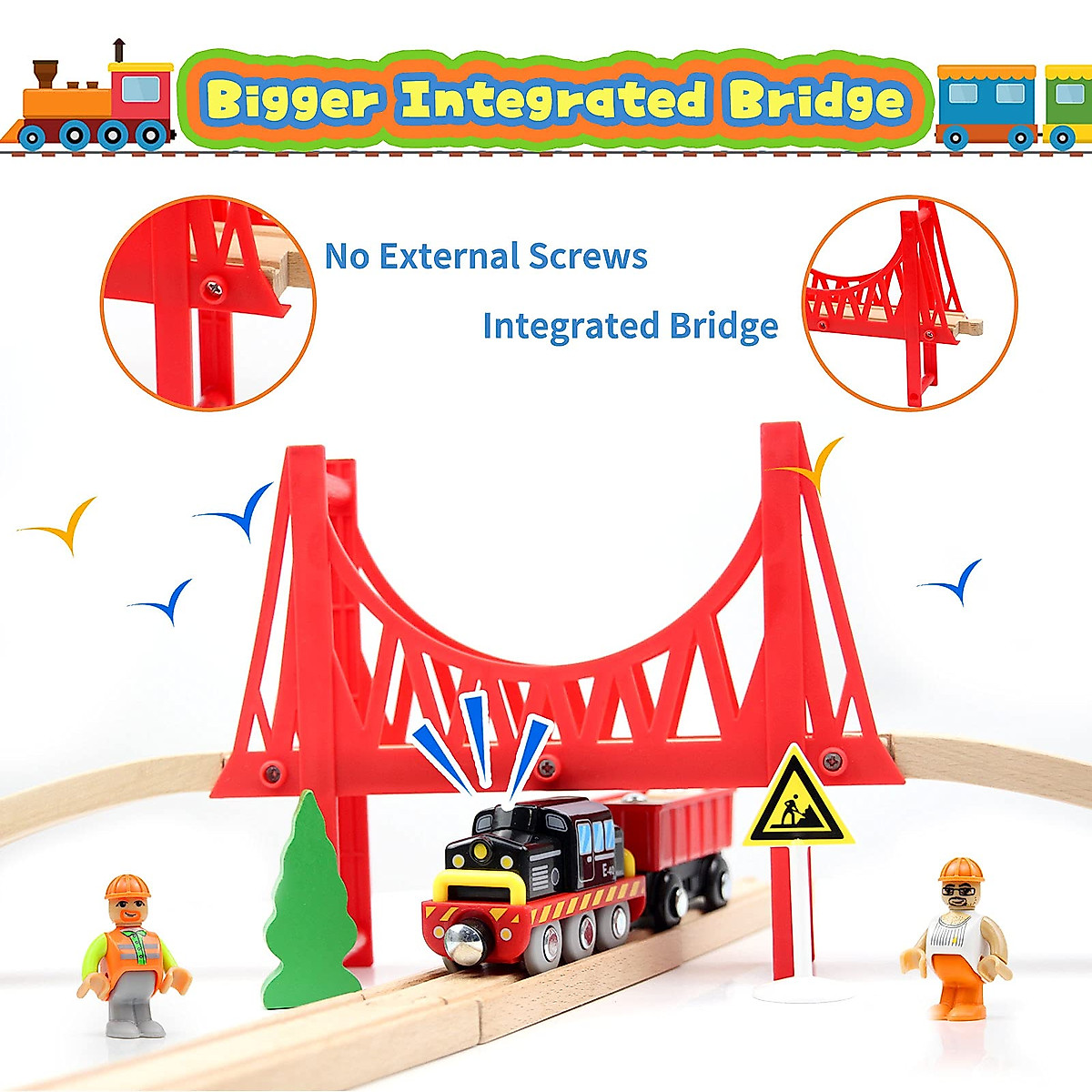 WOOD CITY Wooden Train Set, 56-Piece Deluxe Kids Toy Train Set for 2 3 4 5 Year Old Boy, Cargo-Themed Train Track with Tower Crane & Suspension Bridge - Fits Thomas Brio Chuggington Melissa Orbrium