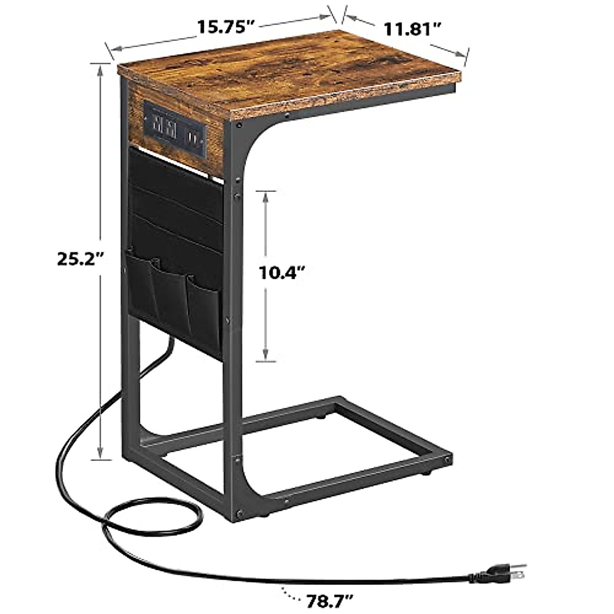 Snack Side Table, C Shaped End Table with Charging Station & USB Ports, Couch Table with Cloth Bag, Tv Tray, Small Bedside Table for Living Room, Bedroom