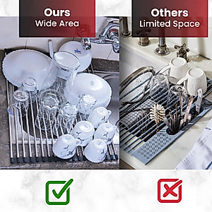 R RESERVE Upgraded, Roll up Dish Drying Over The Sink Rack Mat with Stainless Steel Wires, Rollable, Large, Black/Silver, (15.5" x 23")