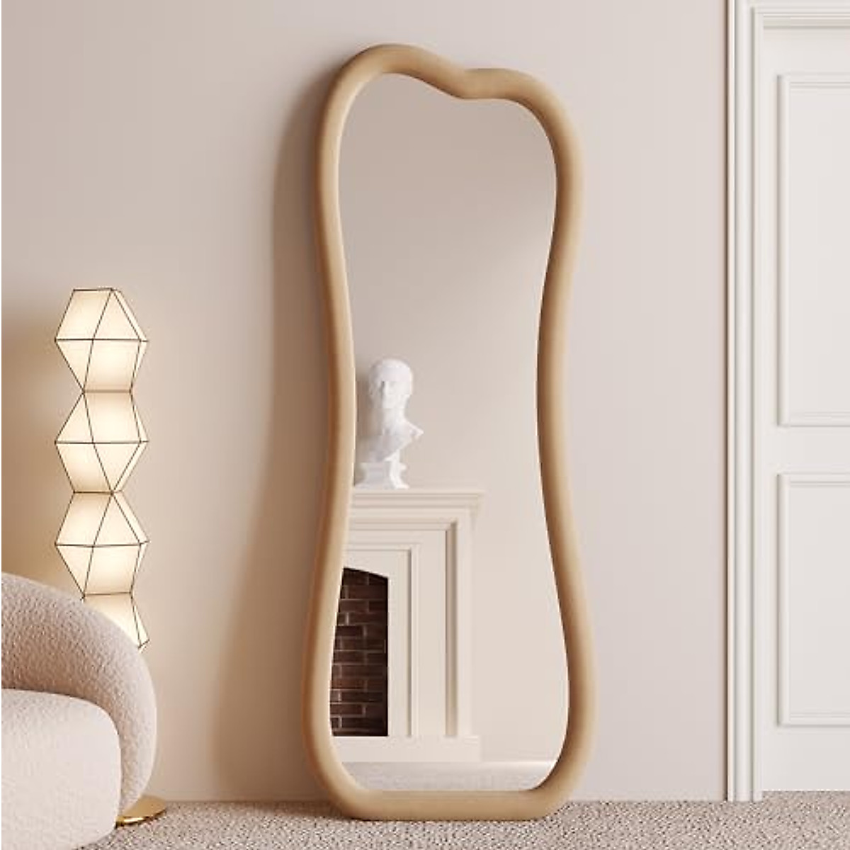 BOJOY Full Length Mirror, 63" x 24" Wall Mirror, Flannel Wrapped Wooden Frame Floor Mirror, Irregular Wavy Mirror Hanging or Leaning Against Wall for Cloakroom/Bedroom/Living Room, Milk Tea