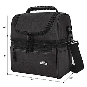 MIER Insulated Lunch Box 2 Compartment Lunch Bag and Expandable Lunch Pack for Men, Women, Black