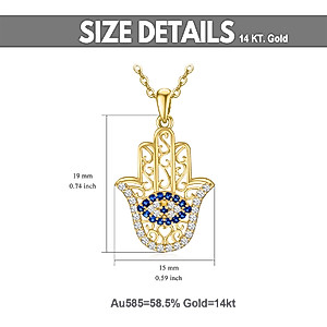 SISGEM Solid 14K Gold Evil Eye Necklace, Real Gold Fatima Hamsa Hand Charm Pendant Necklace Fine Jewelry Anniversary Birthday Gifts for Her, Wife, Mom, Girlfriend,16''+2''