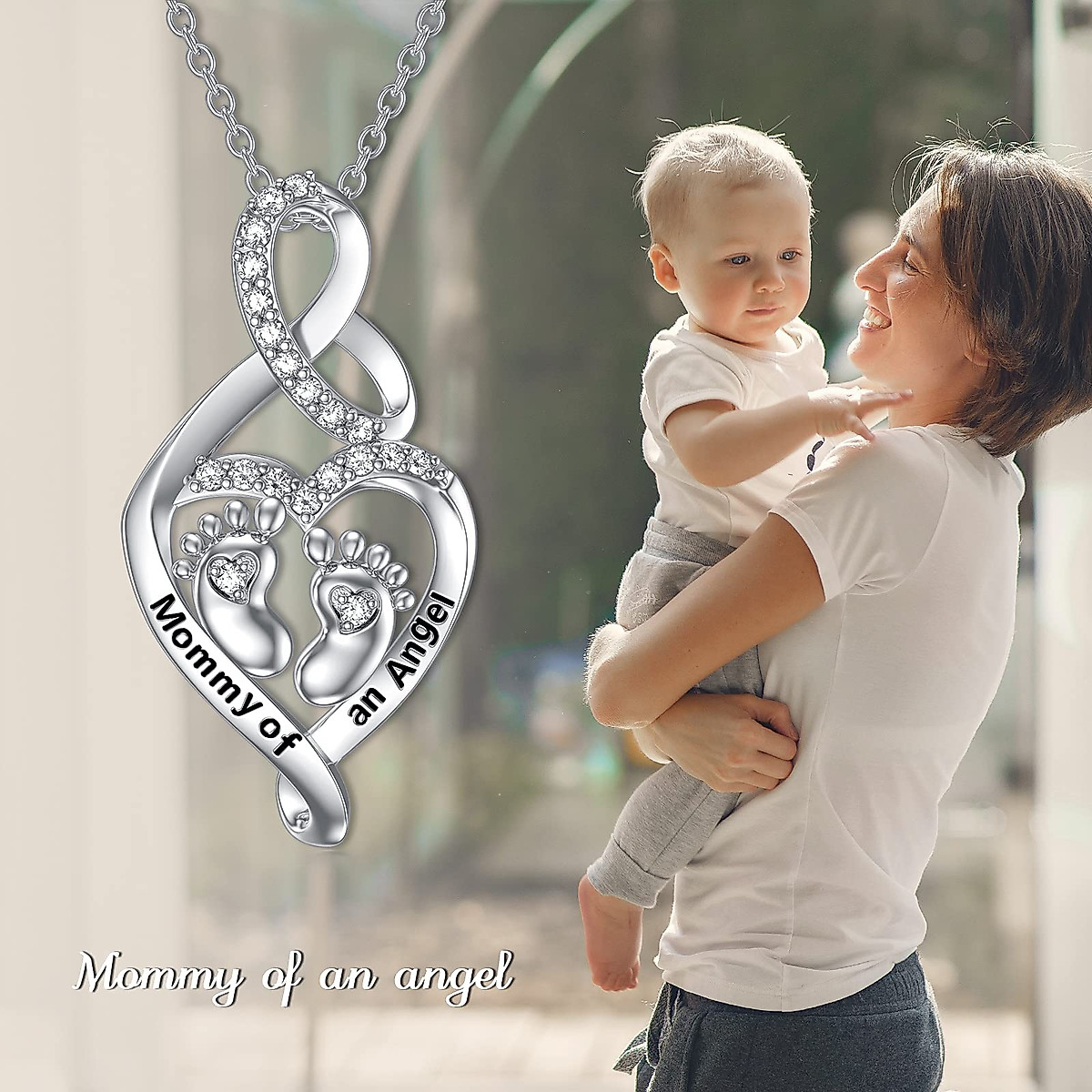 PELOVNY Mommy of an Angel Necklace Sterling Silver Foot Print Necklace Memorial Jewelry Sympathy Gift for Women Mother Mom