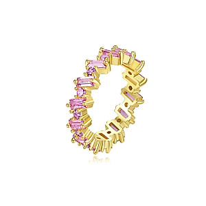 Michooyel 18K Gold Plated Eternity Band Ring Pink Cubic Zirconia Baguette Statement Ring for Women