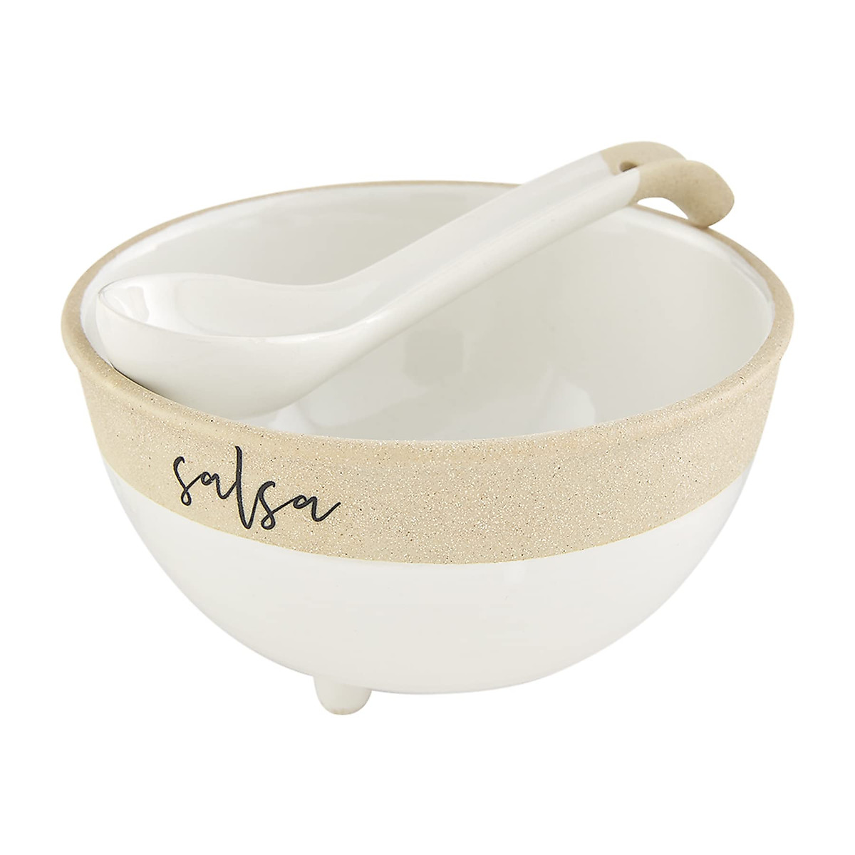 Mud Pie Farmhouse Stoneware Salsa Set, White, bowl 3 1/2" x 6" dia | spoon 6"