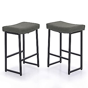 MAISON ARTS Grey Bar Stools Set of 2 Counter Height 24 Inches Saddle Stools for Kitchen Counter Backless Modern Barstools Upholstered Faux Leather Stools Farmhouse Island Chairs, Grey, 2pcs
