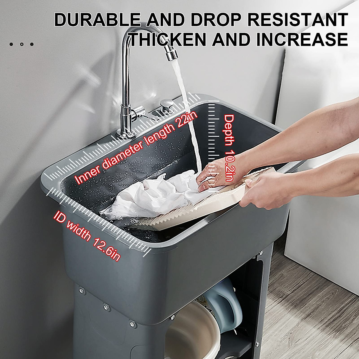 Utility Sink By,Heavy Duty Floor Mounted Freestanding Wash Station,Polypropylene Freestanding Tub Utility Sink,with Drain and Faucet,for Washing Room, Basement, Shop