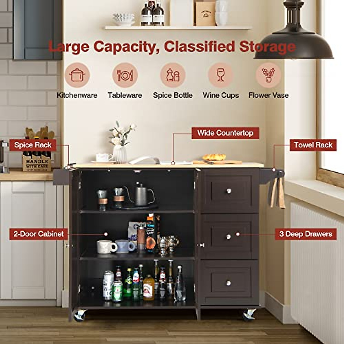 GOFLAME Kitchen Island Cart with Drop Leaf, Rolling Kitchen Cart on Wheels with Rubber Wood Top, 3 Drawers, Towel & Spice Rack, 2-Door Cabinet, Serving Trolley Cart for Kitchen Dining Room (Brown)