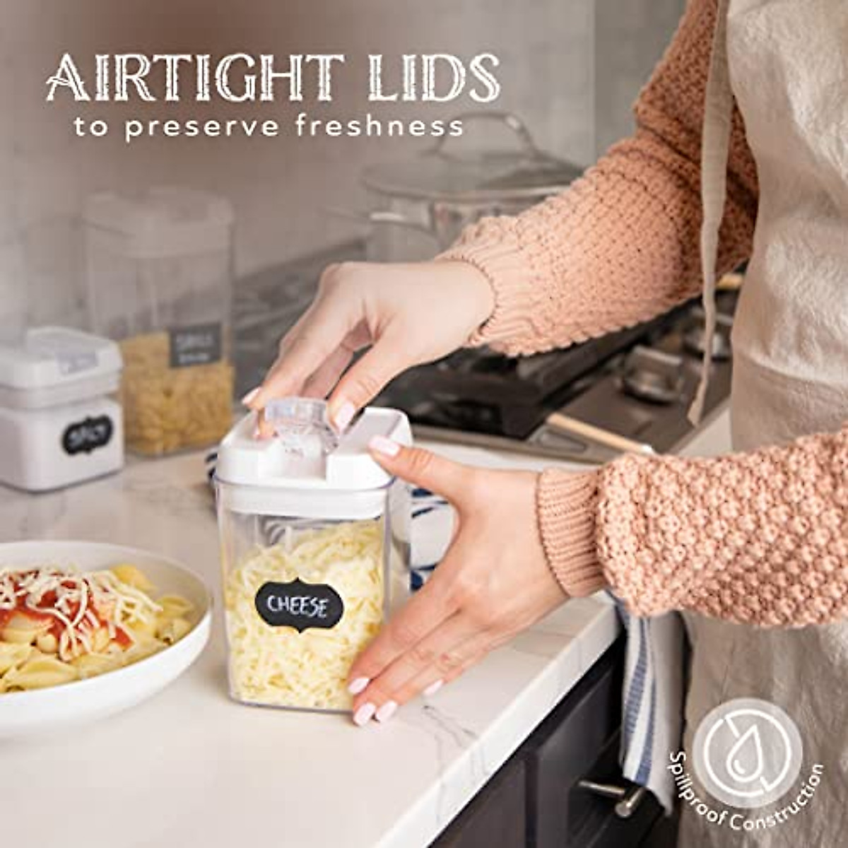 Airtight Food Storage Containers - Clear Plastic, Lid Lock, Reusable Stickers, Various Sizes, BPA Free. Perfect Dry Food Storage Organization for Kitchen and Pantry. (Set of 7)