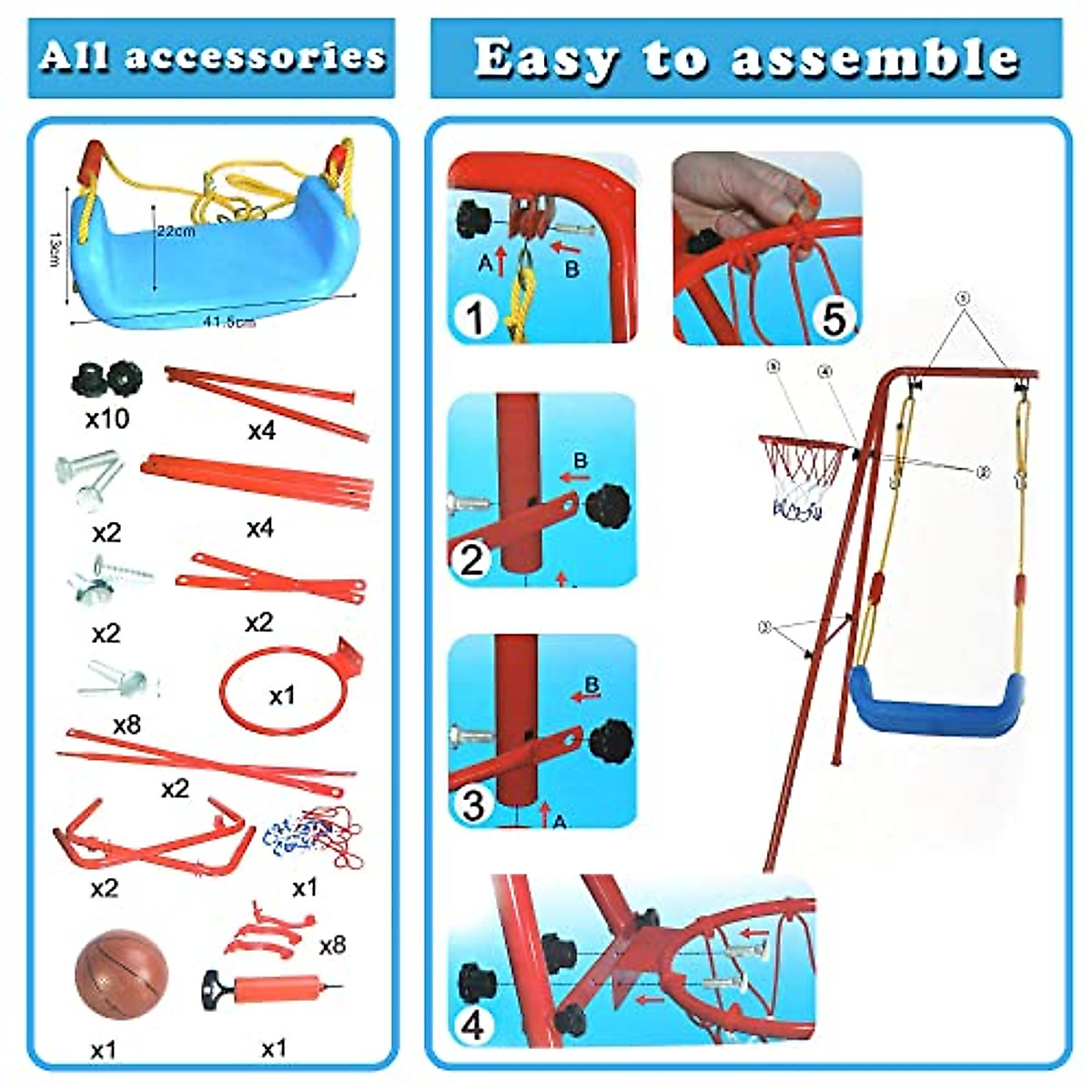 COLOR TREE Kids Swing Sets for Backyard - 2 in 1 Metal Swing Set + Basketball Hoop - Toddlers Swing Seat Playset for Outside and Inside - Boys Girls