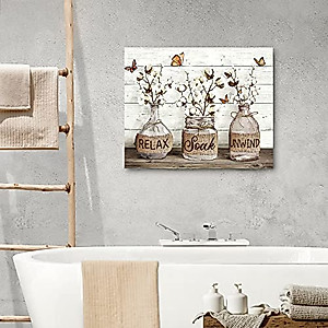 Farmhouse Bathroom Decor Wall Art Rustic Bathroom Art Mason Jar Theme Picture Relax Soak Unwind Sign Flower Canvas Picture Wood Background Bathroom Pictures Artwork Framed 12"X16"