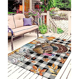 Outdoor Rug Carpet 5x8feet, Thanksgiving Retro Turkey Camping Area Rugs Soft Non-Shedding Non-Slip Floor Carpets Mat for Indoor Living Room,Bedroom Fall Harvest Pumpkin Buffalo Grid