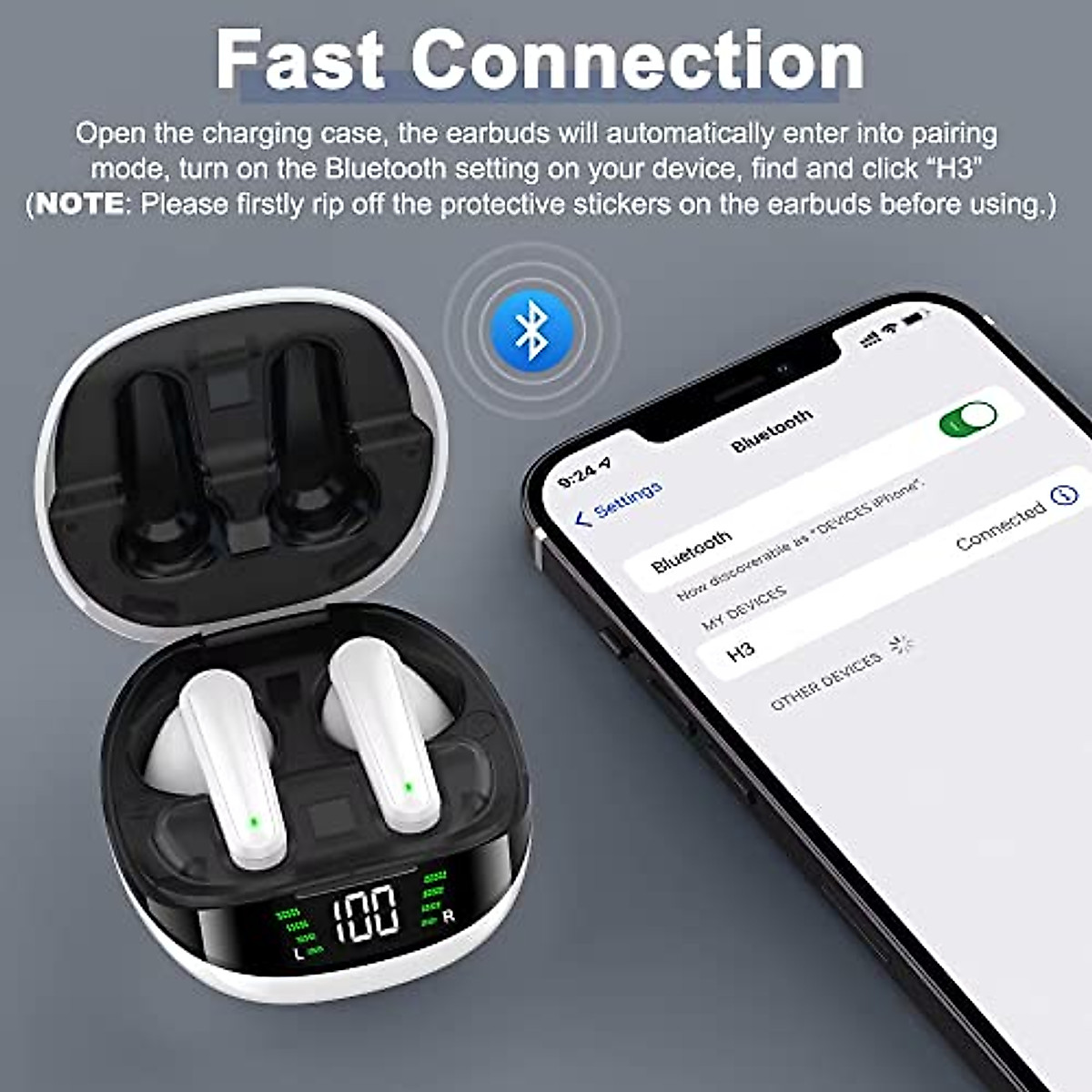 Gunatagy Wireless Earbuds, Bluetooth Headphones with Microphone for iPhone and Android, 360H Standby Time with LED Battery Display Charging Case, in Ear Earbuds for Cell Phones, Computer, PC, Sports