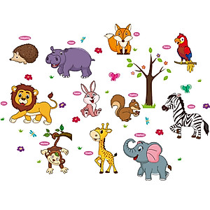 Animal Wall Sticker Cartoon Baby Children DIY Art Decal Self-Adhesive Wallpaper Mural Decorate for Living Room TV Sofa Background Bedroom Kids Room Nursery