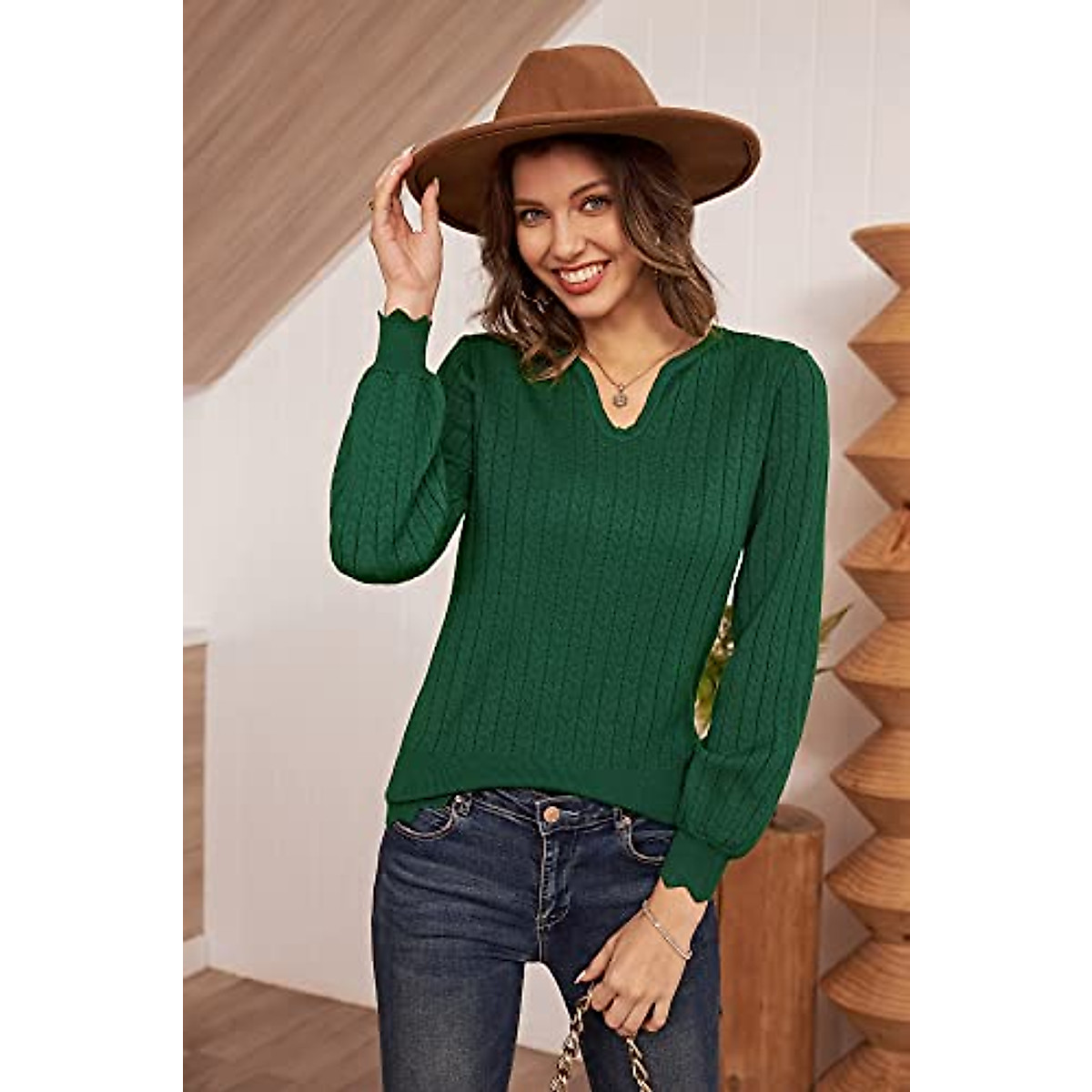 Women's V Neck Long Sleeve Pullover Sweater Lightweight Knit Novelty Sweaters Green L