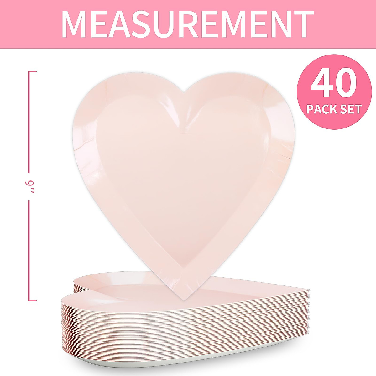 DYLIVeS Pink Heart Shaped Dessert Plates, 9'' Disposable Love Paper Plates Heart Party Decorations Heart Party Supplies for Graduation, Holiday, Wedding, Birthday Party, Bridal Shower (40 Count)