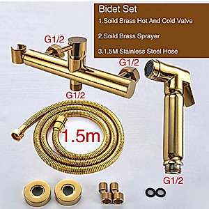 MINJING Bidet Faucet Gold, Hot and Cold Water Mixer Bidet Sprayer, Single Handle Wall Mount Bathroom Toilet Bidet Faucet, Handheld Bidet Sprayer for Toilet