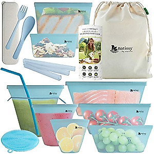 Reusable Silicone Bags, 8 Pack Leakproof Reusable Food Storage Bags, BPA free, Plastic Free Reusable Freezer Bags, Reusable Baggies for Sandwich, Silicon Pouch for Snack & Sous Vide Cooking (8-Pack, Blue color)
