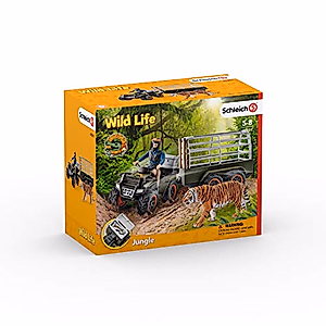 Schleich Wild Life Big Truck Animal Rescue Jungle Adventure 10pc Playset - Includes Off Road ATV, Rider, CAges Trailer, Tiger, and Accessories for Boys and Girls, Highly Durable Gift for Kids Ages 3+