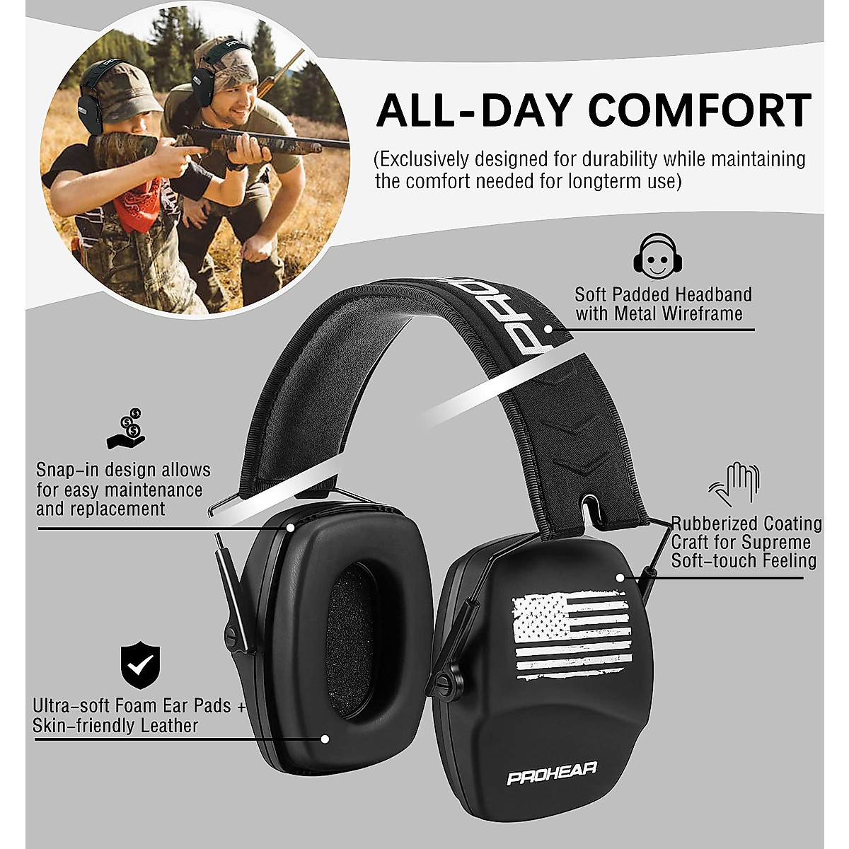PROHEAR 016 Ear Protection Safety Earmuffs for Shooting, NRR 26dB Noise Reduction Slim Passive Hearing Protector with Low-Profile Earcups, Compact Foldable for Gun Range, Mowing (Patriot)