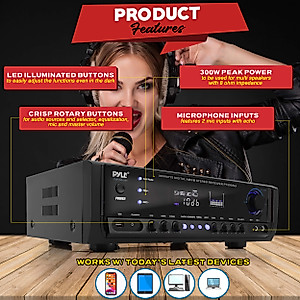 Home Audio Power Amplifier System - 300W 4 Channel Theater Power Stereo Sound Receiver Box Entertainment w/ USB, RCA, AUX, Mic w/ Echo, LED, Remote - For Speaker, iPhone, PA, Studio Use - Pyle PT390AU