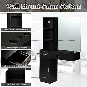 RESHABLE Wall Mount Salon Station with Mirror, Beauty Salon Barber Spa Equipment with Mirror, Shelves, Cabinet, Locking Drawers, Table, Standing Hair Styling Furniture, Black
