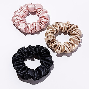 Slip Silk Large Scrunchies in Black, Pink, and Caramel - Elastic Scrunchies Set (3 Scrunchies)