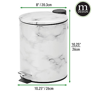 mDesign Metal 1.3 Gallon/5 Liter Round Step Trash Wastebasket, Garbage Container Bin with Lid for Bathroom, Powder Room, Bedroom, Kitchen, Craft Room, Office - Removable Liner Bucket - White Marble