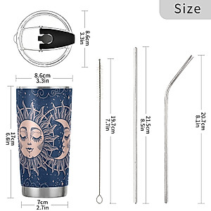 Yasala Tumbler Boho Moon Sun Star Blue Insulated Coffee Cup Beverage Container Travel Mug with Straw and Lid Double Wall Stainless Steel 20oz BPA-Free for Sport, Back to School