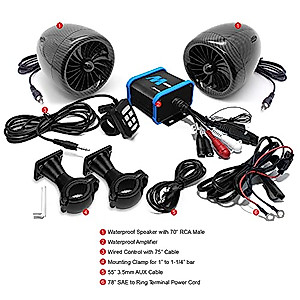 GoHawk TJ4-W Carbon Black Waterproof Amplifier 4" Full Range Bluetooth Motorcycle Stereo Speakers 1 to 1.25 in. Handlebar Mount Audio Amp System Harley Touring Cruiser ATV 4-Wheeler, USB AUX FM Radio