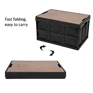 30L Outdoor Folding Storage Box,Portable Storage Box with Wooden Panel for Outdoor (Black)