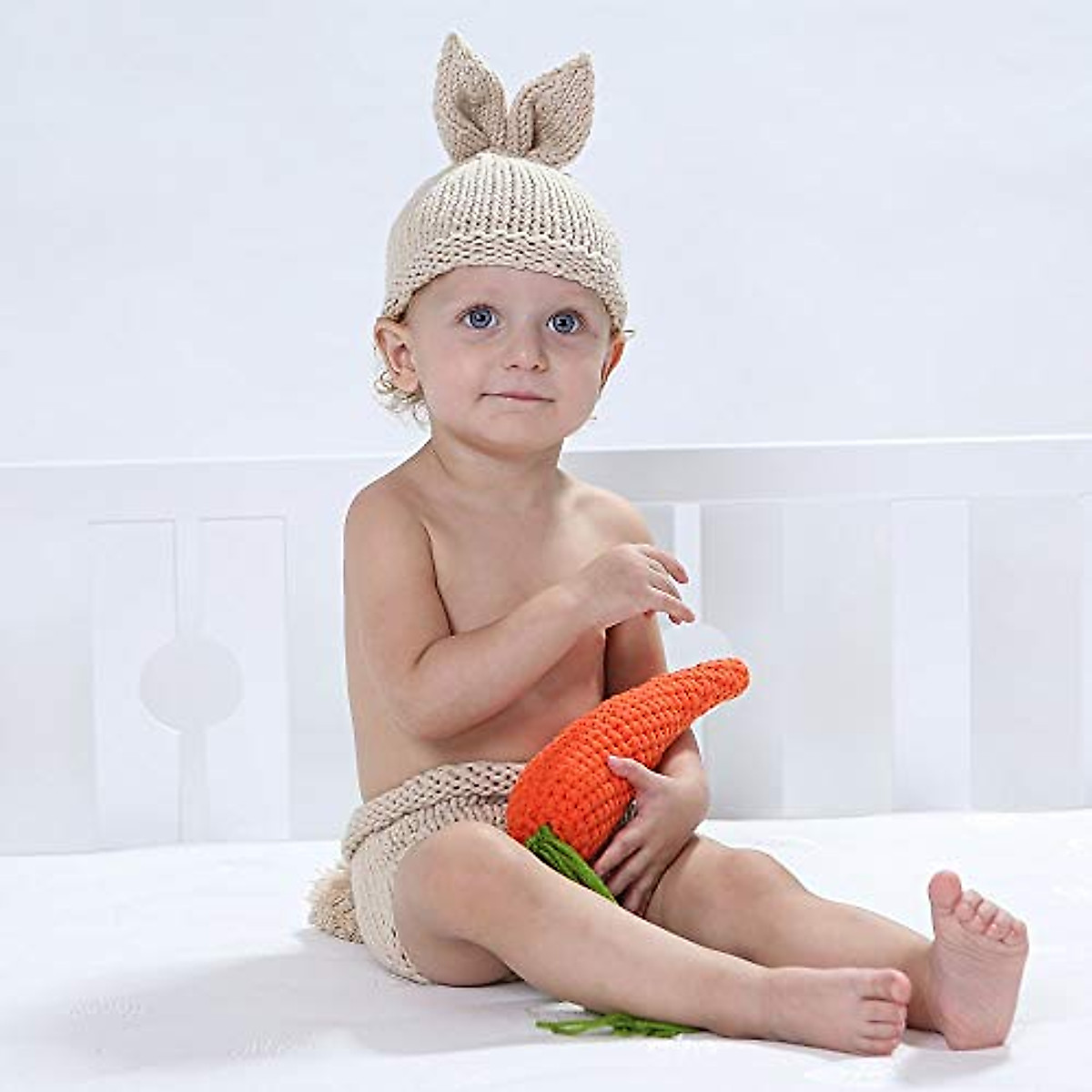 IBTOM CASTLE Crochet Bunny Rabbit Costume &Carrot for Newborn Photography Props Knit Infant Baby Animal Hat Cap for Photo Shoot Hat + Shorts + Carrot One Size