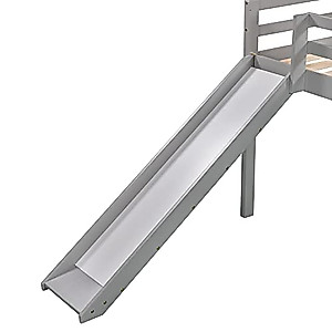 LostCat Twin Loft Bed with Slide, Wood Twin Bed Frame for Kids with Slide, Low Loft Bed with Stairs and Chalkboard, Space-Saving Wooden Child Bed Frame for Boys or Girls, Grey